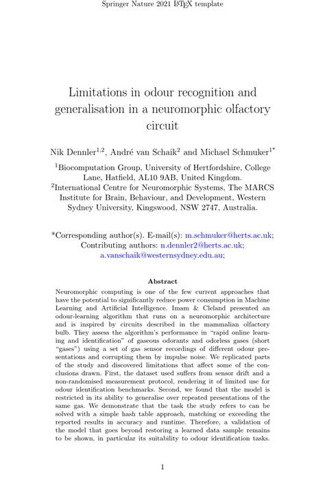 Pdf Limitations In Odour Recognition And Generalisation In A Neuromorphic Olfactory Circuit