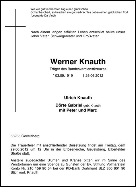 Traueranzeigen Von Werner Knauth Trauer In Nrw De