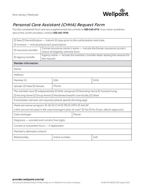 Fillable Online Personal Care Assistant Chha Request Form Fax Email Print Pdffiller