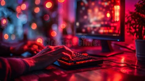 Cybersecurity Expert At Work A Focused Individual In A Dimly Lit Room Typing Intently On A