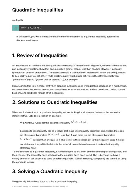 College Algebra Unit 4 Tutorials Pdf2 Quadratic Inequalities By Sophia In This Lesson You