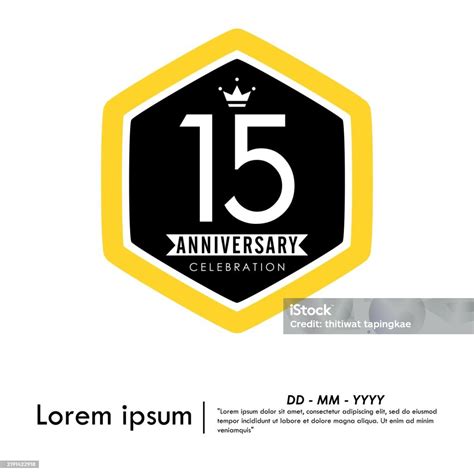 창립 15 주년 기념 엠블럼 리본이 달린 육각형 기념일 로고 흰색 배경에 메달 배지 프레임 웹 전단지 포스터 인사말 카드 및 초대장에 대 한 벡터 일러스트 레이 션 템플릿