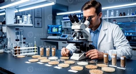 Male Research Scientist Analyzing Food Samples With A Microscope In A Laboratory 70865696 Stock