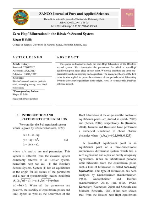 Pdf Zero Hopf Bifurcation In The Rosslers Second System