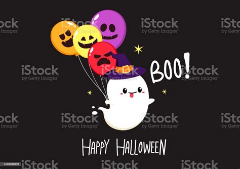 귀여운 유령과 함께 해피 할로윈 파티 인사말 카드 휴일 만화 캐릭터입니다 귀여운 으스스한 유령 할로윈 모자에 으스스한 유령 10월에 대한 스톡 벡터 아트 및 기타 이미지