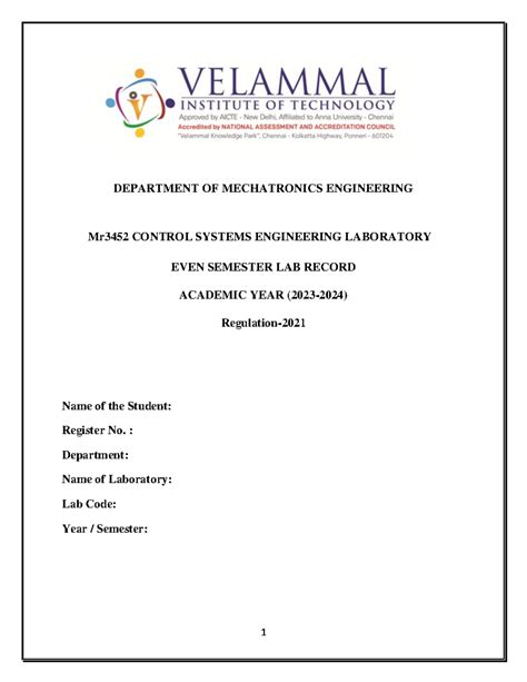 Csc Manual Notes 1 Department Of Mechatronics Engineering Mr3452 Control Systems