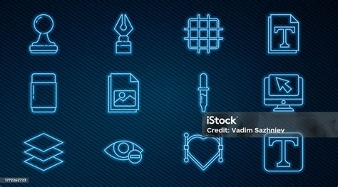 선 텍스트 컴퓨터 모니터 및 커서 그리드 그래프 용지 사진 풍경 지우개 고무 스탬프 피펫 및 만년필 펜촉 아이콘을 설정합니다