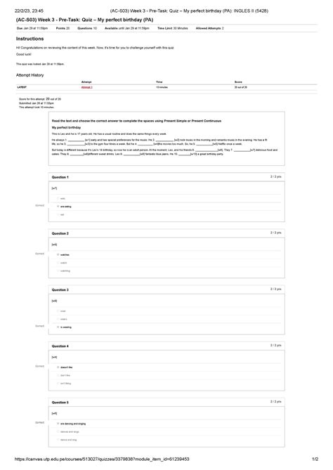 AC S03 Week 3 Pre Task Quiz My Perfect Birthday PA Ingles II 5428 22 2 23 23 45