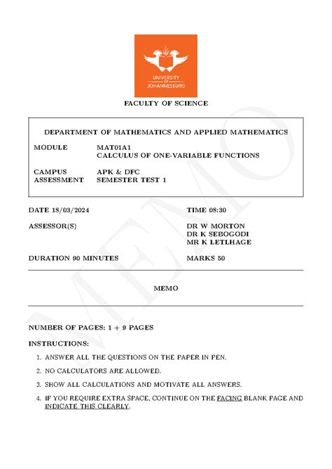 MAT A Semester Test MEMO B Ee Cfe B Df B D MEMO FACULTY OF SCIENCE