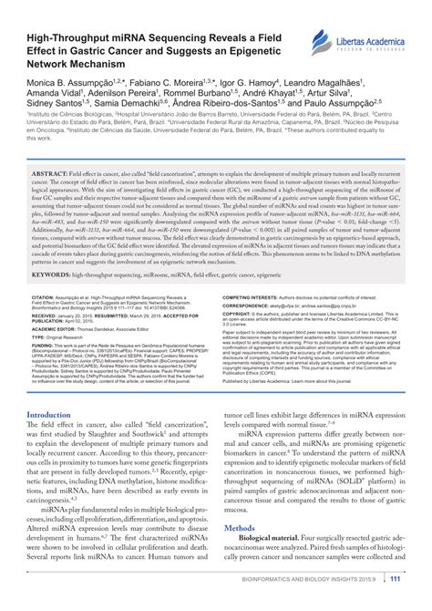 Pdf High Throughput Mirna Sequencing Reveals A Field Effect In
