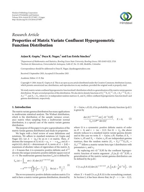 Pdf Properties Of Matrix Variate Confluent Hypergeometric Function Distribution
