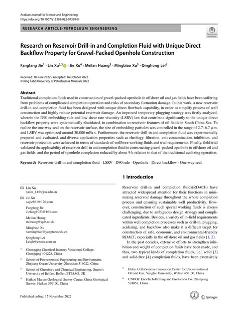 PDF Research On Reservoir Drill In And Completion Fluid With Unique Direct Backflow Property