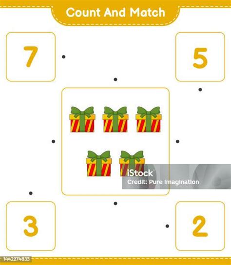세고 일치시키고 선물 상자의 수를 세고 올바른 숫자와 일치시킵니다 교육 어린이 게임 인쇄 워크시트 벡터 일러스트 레이 션 0명에 대한 스톡 벡터 아트 및 기타 이미지