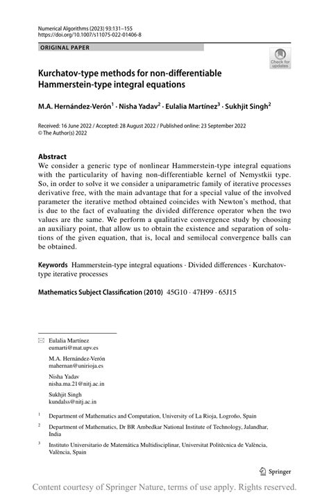 Pdf Kurchatov Type Methods For Non Differentiable Hammerstein Type Integral Equations