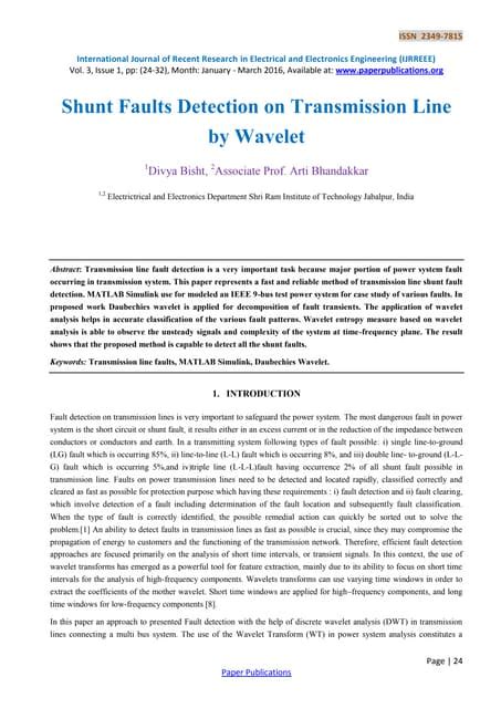 Shunt Faults Detection On Transmission Line By Wavelet Pdf