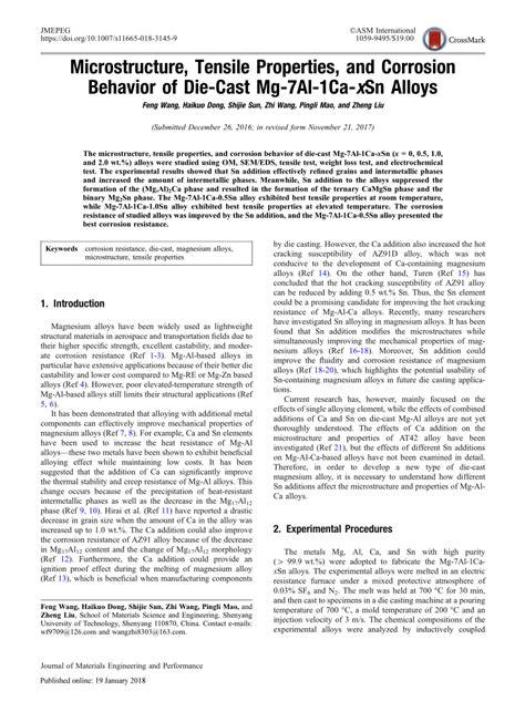 Pdf Microstructure Tensile Properties And Corrosion Behavior Of Die