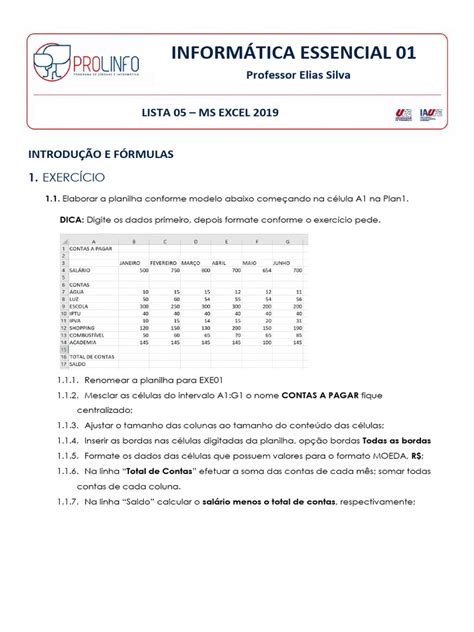 Lista 05 Excel 1 Introducao E Formulas Pdf