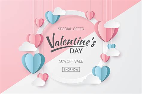 발렌타인 하트 풍선 구름 및 태양 판매 배경 종이 컷 스타일 벽지 전단지 초대장 포스터 브로셔 배너에 사용할 수 있습니다 2월에 대한 스톡 벡터 아트 및 기타 이미지