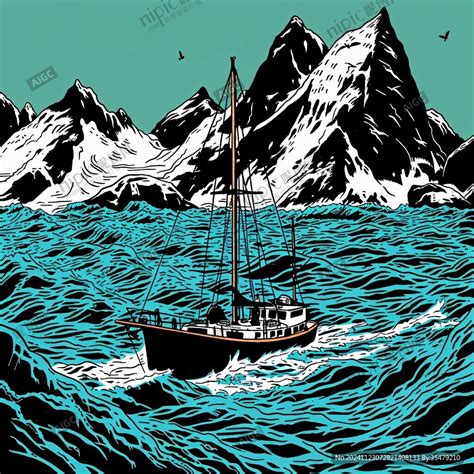 Ai创作图版画风格插画 渔船包装插画 木刻版画风格 海船插画 远航插画 套色木刻版画 线描水景海景 深海蓝背景船 古典大海插画 插画海洋辽阔 扬帆远航线描 插画海平面 航行原创设计 抽象海洋