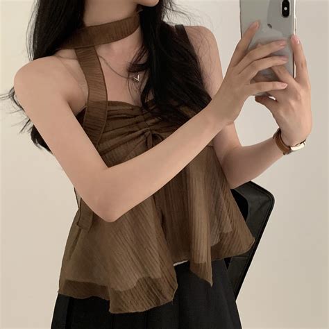 크림치즈마켓 타이set 플럼 쉬폰 셔링 튜브탑 Bl