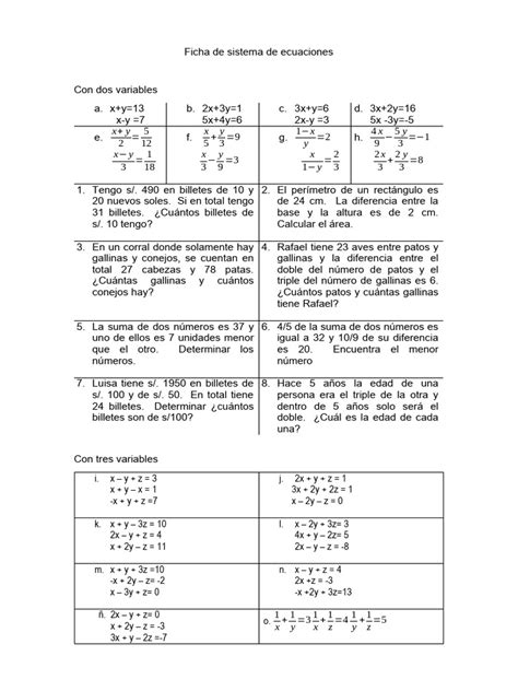 Ficha Sistema De Ecuaciones Con 2 Y 3 Variables Pdf