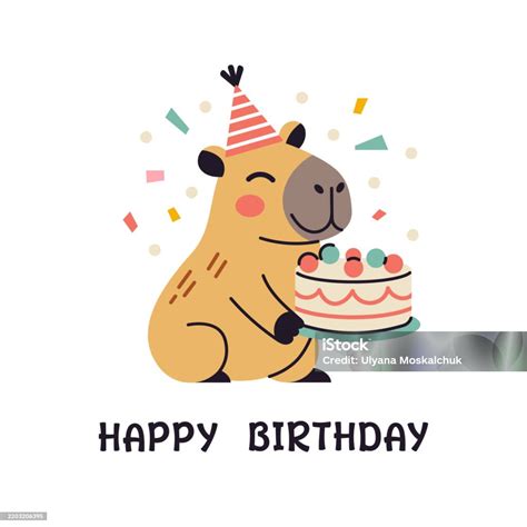 벡터 생일 축하 인사말 카드 Capybara 평면 디자인의 생일 케이크와 함께 귀여운 행복 카피 바라 포스터 귀여운 카피 바라와 인사말 카드 그림 축제 엽서 공휴일에 대한