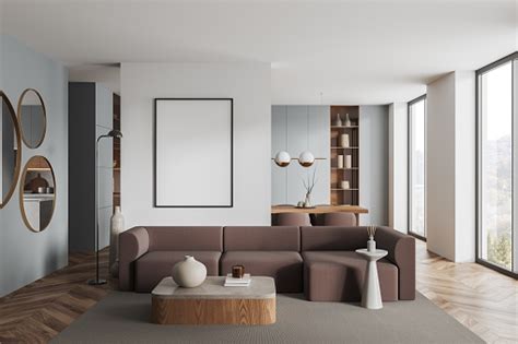 소파와 식사 공간 창문 및 모형 프레임이 있는 현대적인 거실 인테리어 0명에 대한 스톡 사진 및 기타 이미지 0명 3차원 형태 가구 Istock