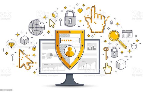 Shield Over Computer Monitor And Set Of Icons Private Data Security