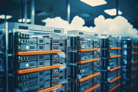 A Row Of Servers In A Server Room Suitable For Technology And Data Center Concepts Stock Image