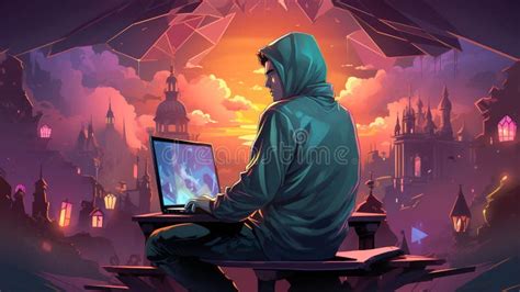 Hacker Programmer In A Hoodie Working On The Darknet Stock Illustration Illustration Of Hood