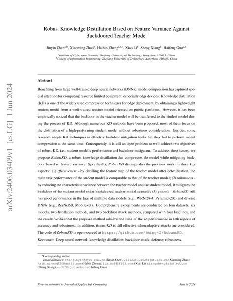 Pdf Robust Knowledge Distillation Based On Feature Variance Against Backdoored Teacher Model