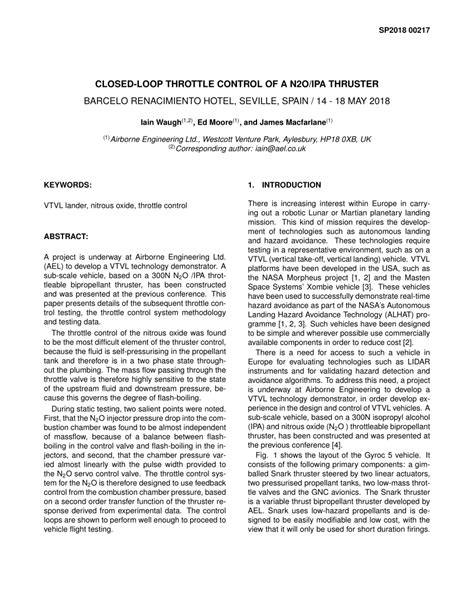 Pdf Closed Loop Throttle Control Of A N2oipa Thruster