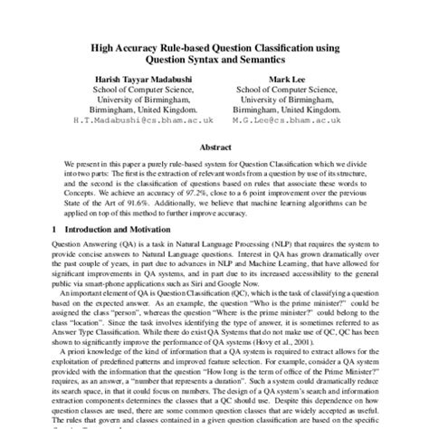 High Accuracy Rule Based Question Classification Using Question Syntax And Semantics Acl Anthology
