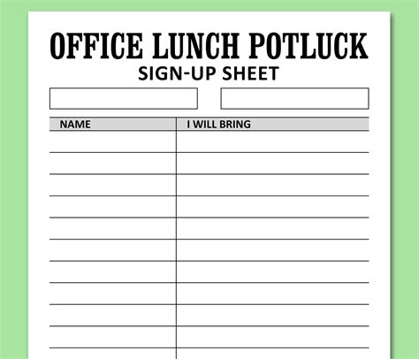 Office Lunch Potluck Sign Up Sheet Printable Template Work Gathering
