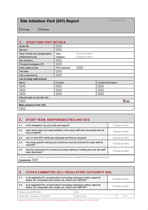 Monitoring Site Initiation Visit Siv Report Template Tools And Resources