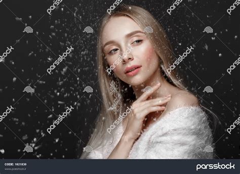 دختر بلوند زیبا در تصویر زمستانی با برف صورت زیبایی عکس گرفته شده در استودیو 1621830