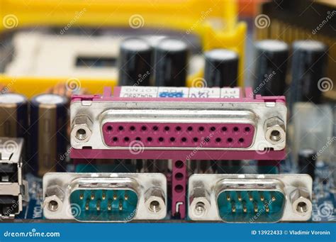 The Rear Panel Of A Desktop Computer Motherboard With Visible Audio Mini Jack Connectors Stock
