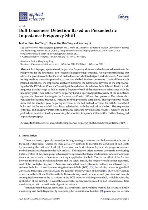 Pdf Bolt Looseness Detection Based On Piezoelectric Impedance Frequency Shift