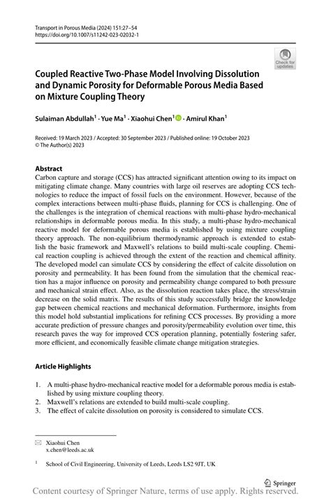 pdf coupled reactive two phase model involving dissolution and