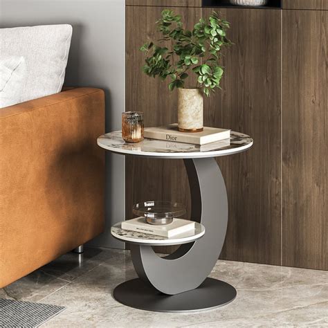 2 Tier White And Gray Side Table Sintered Stone End Table For Living