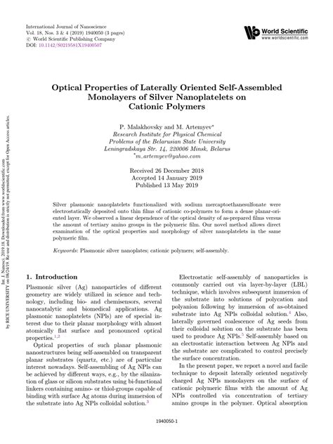 Pdf Optical Properties Of Laterally Oriented Self Assembled Monolayers Of Silver Nanoplatelets
