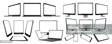 평면 그래픽 디자인의 사실적인 전자 장치 메가 세트 노트북 와이드 스크린 Tv 휴대폰 컴퓨터 빈 화면이 있는 태블릿의 다양한 모형 모음 요소 벡터 일러스트 레이 션입니다