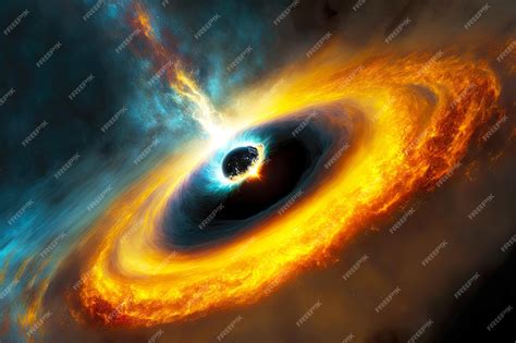 중심에 행성이 있는 발산하는 불타는 원 형태의 블랙홀 특이점 프리미엄 사진