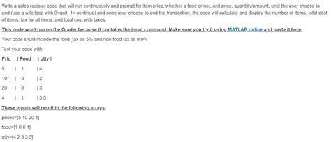 Solved Create A Matlab Codecalculations And Outputsnumber