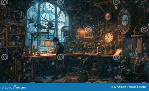 Steampunk Inventor In A Cluttered Workshop Stock Illustration Illustration Of Leather