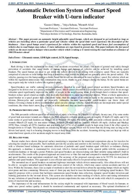 Pdf Automatic Detection System Of Smart Speed Breaker With U Turn Indicator Gauravi Shetty
