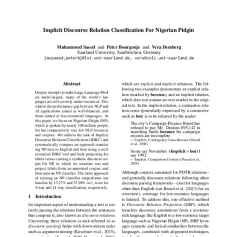 Implicit Discourse Relation Classification For Nigerian Pidgin Acl Anthology