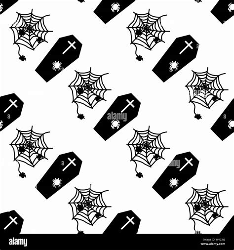 Monochrome Coffins And Cobweb On White Background Seamless Pattern Vector Illustration Stock