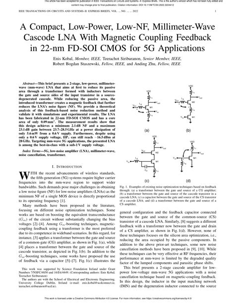 PDF A Compact Low Power Low NF Millimeter Wave Cascode LNA With Magnetic Coupling Feedback