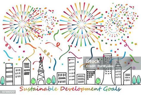 불꽃놀이와 색종이가 있는 지속 가능한 개발 목표 이미지 도시 경관 거리에 대한 스톡 벡터 아트 및 기타 이미지 거리 도시 조경 도회지 Istock